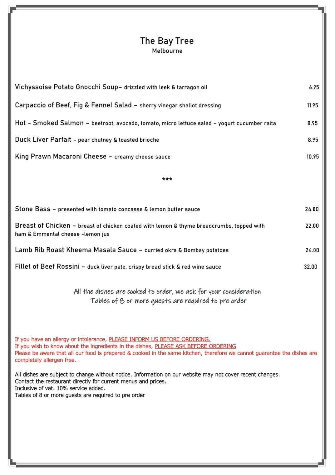 Menu at The Bay Tree Restaurant Ltd, Derby