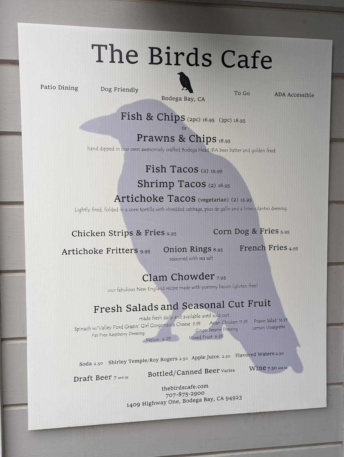 Menu at The Birds Cafe, Bodega Bay