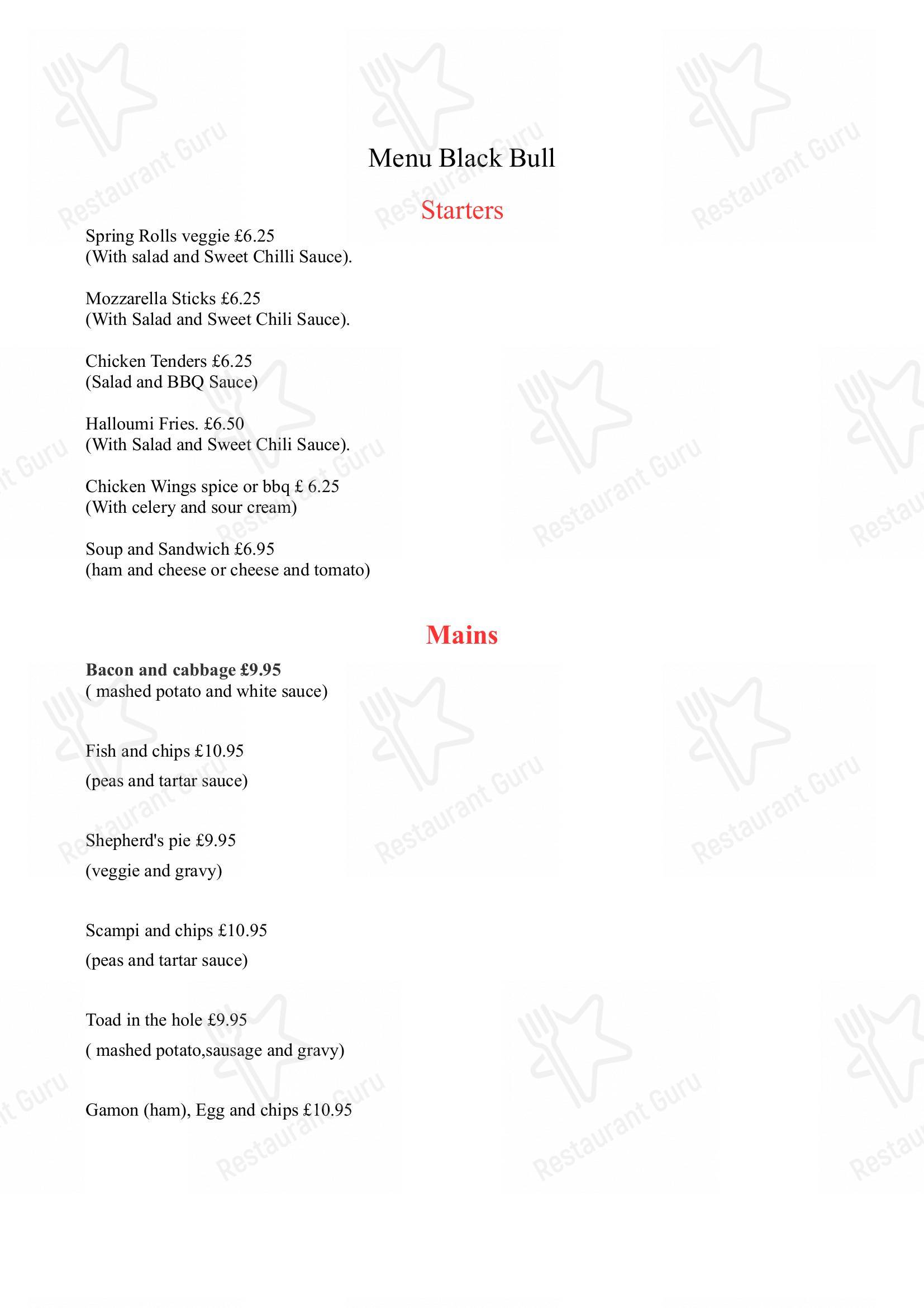 Menu at The Black Bull pub & bar, Ruislip, Victoria Rd
