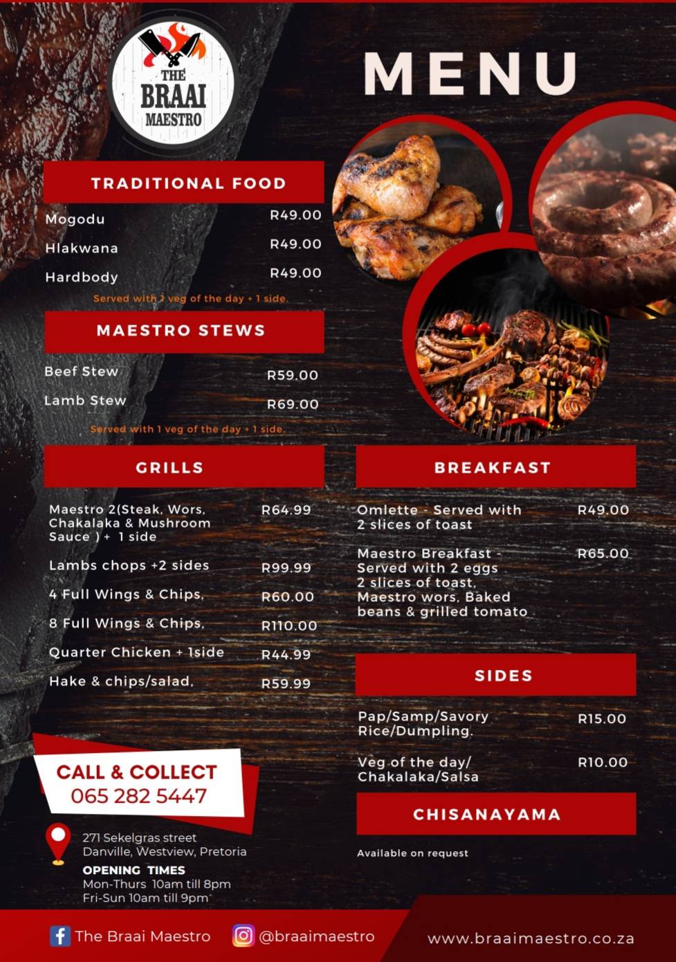 Menu at The Braai Maestro restaurant, Pretoria