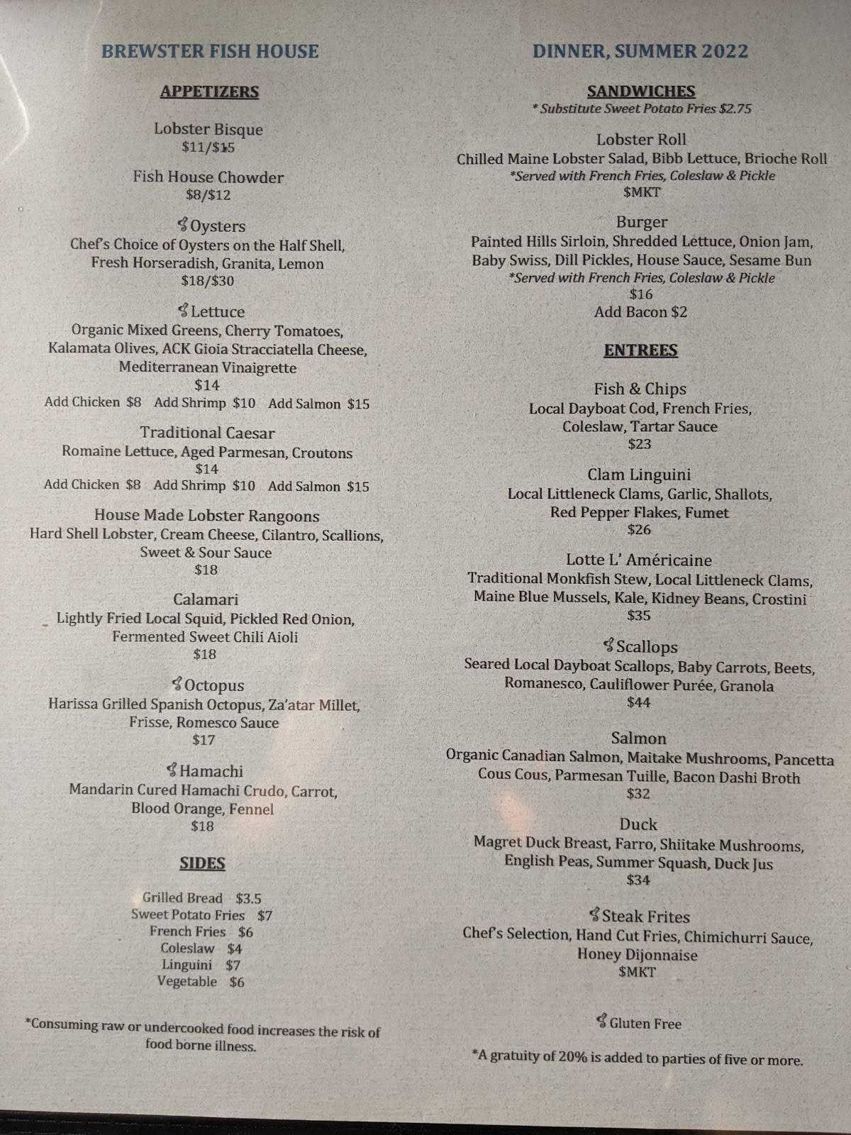 Menu at The Brewster Fish House restaurant, Brewster, Main St