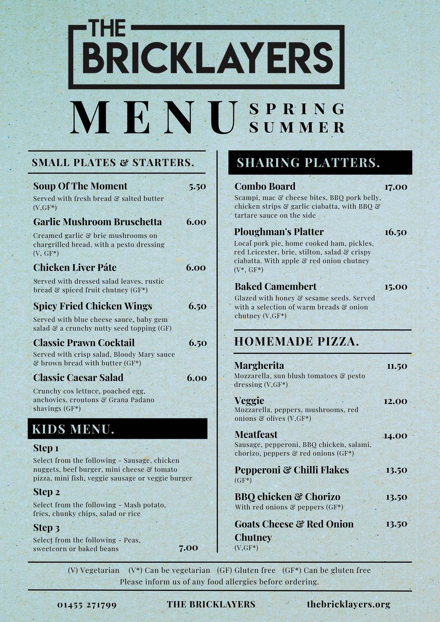 Menu at The Bricklayers pub & bar, Burbage