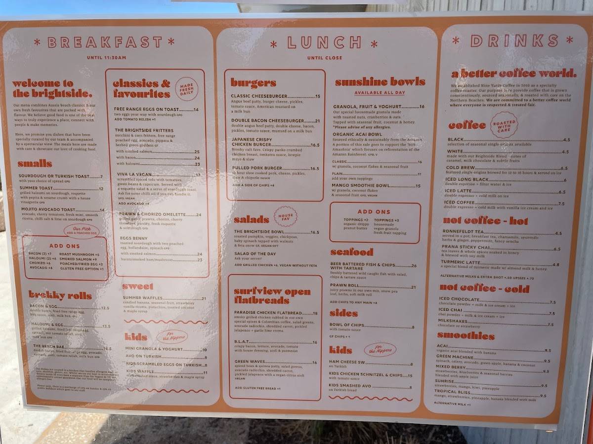 Menu at The Brightside Cafe, Mona Vale