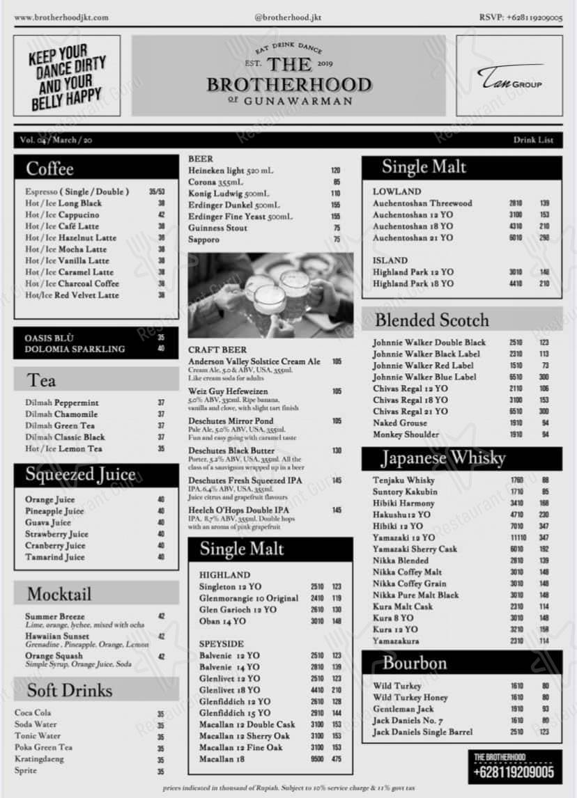 Menu at The Brotherhood Gunawarman pub & bar, South Jakarta