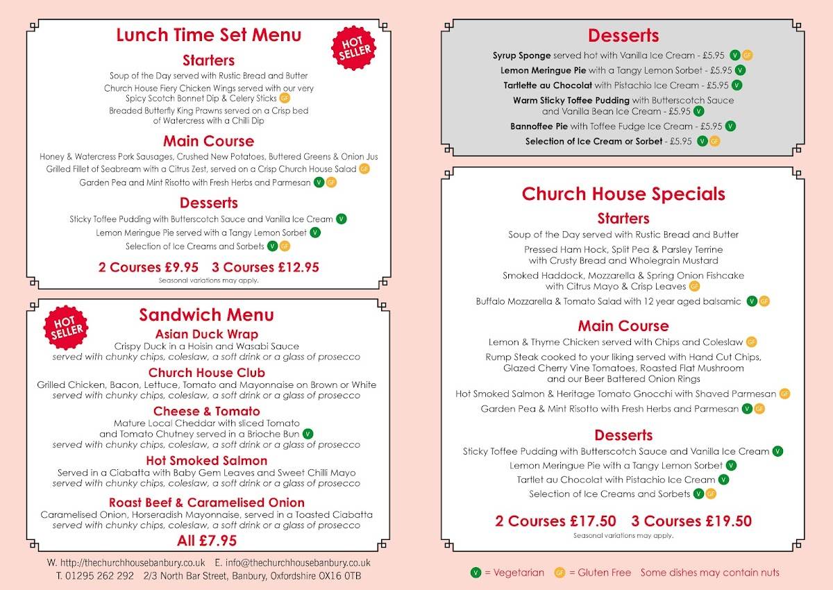 Menu at The Church House cafe, Banbury