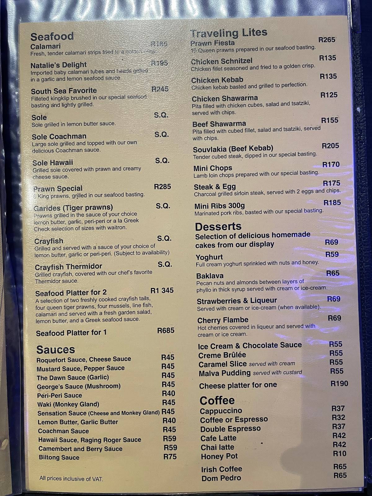 Menu at The Coachman Restaurant, Port Elizabeth, Brookes on the bay