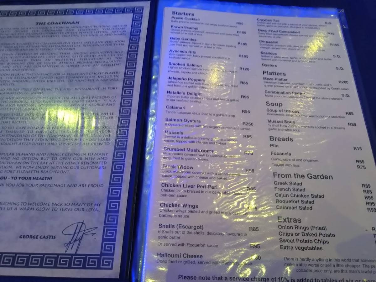 Menu at The Coachman Restaurant, Port Elizabeth, Brookes on the bay