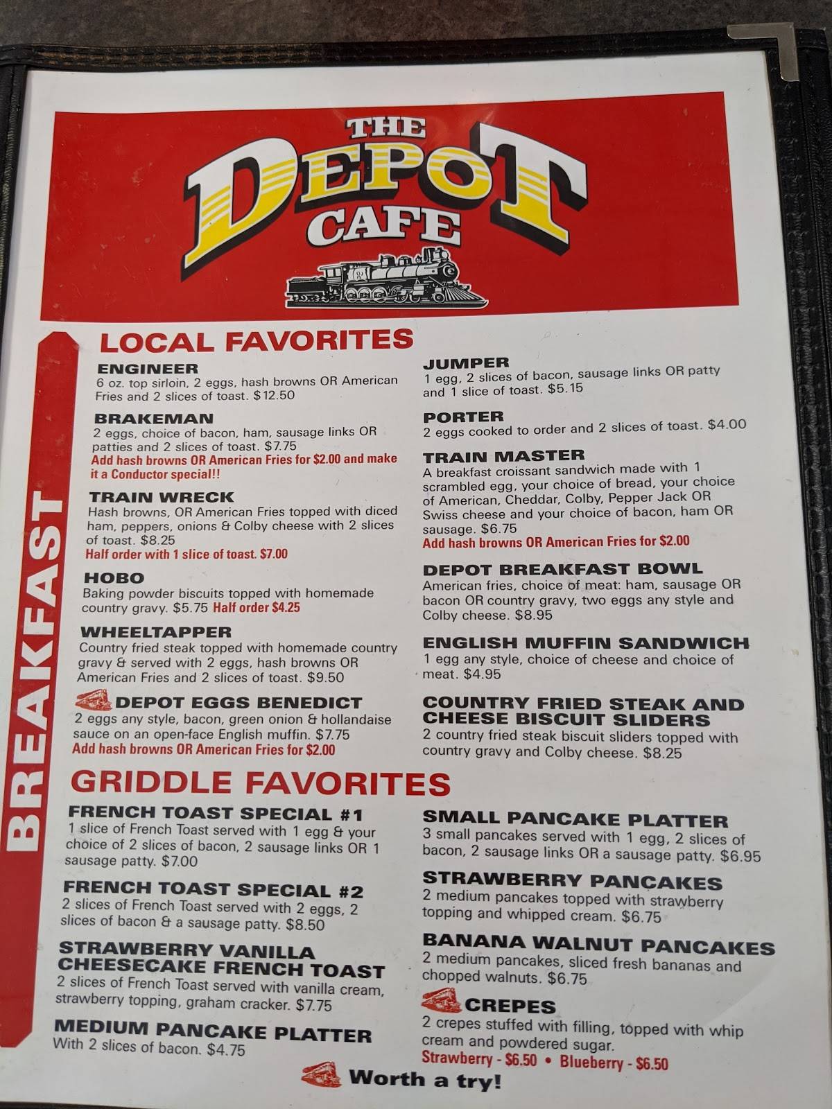 Menu at The Depot Cafe, Jamestown