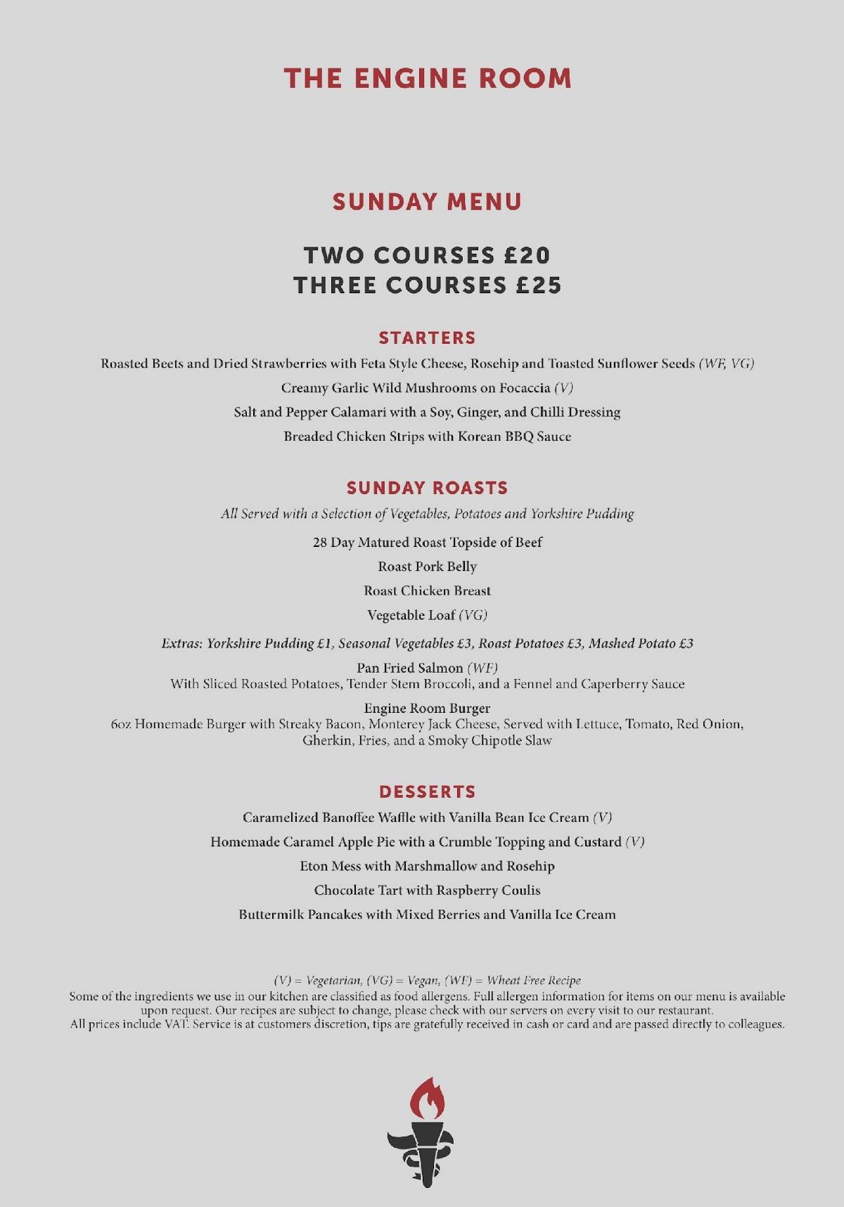 Menu at The Engine Room restaurant, Sunderland