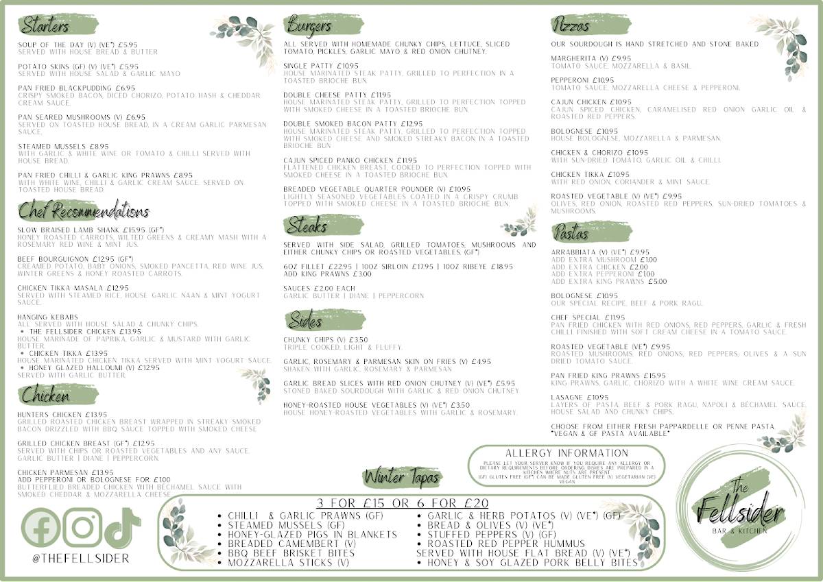 Menu at The Fellsider Bar & Kitchen, Gateshead