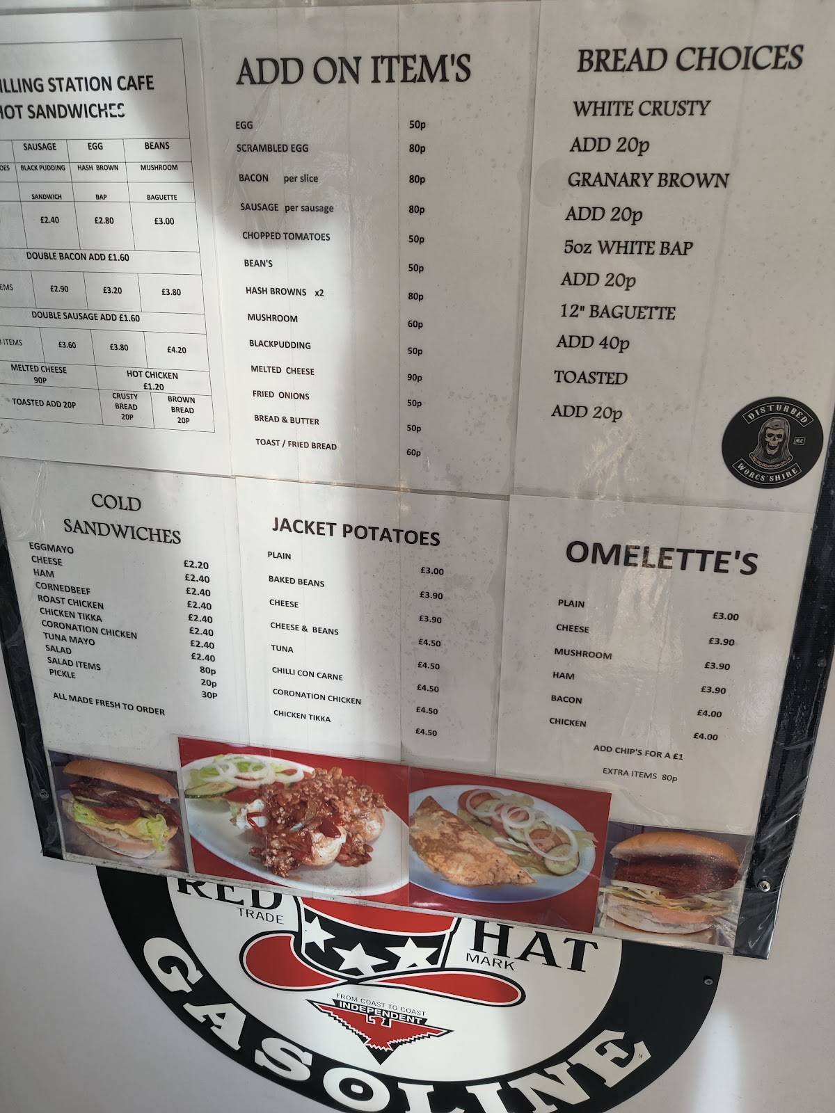 Menu at The Filling Station cafe, Malvern