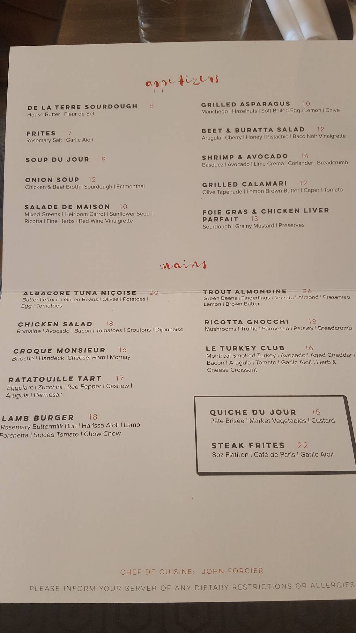 Menu at The French restaurant, Hamilton