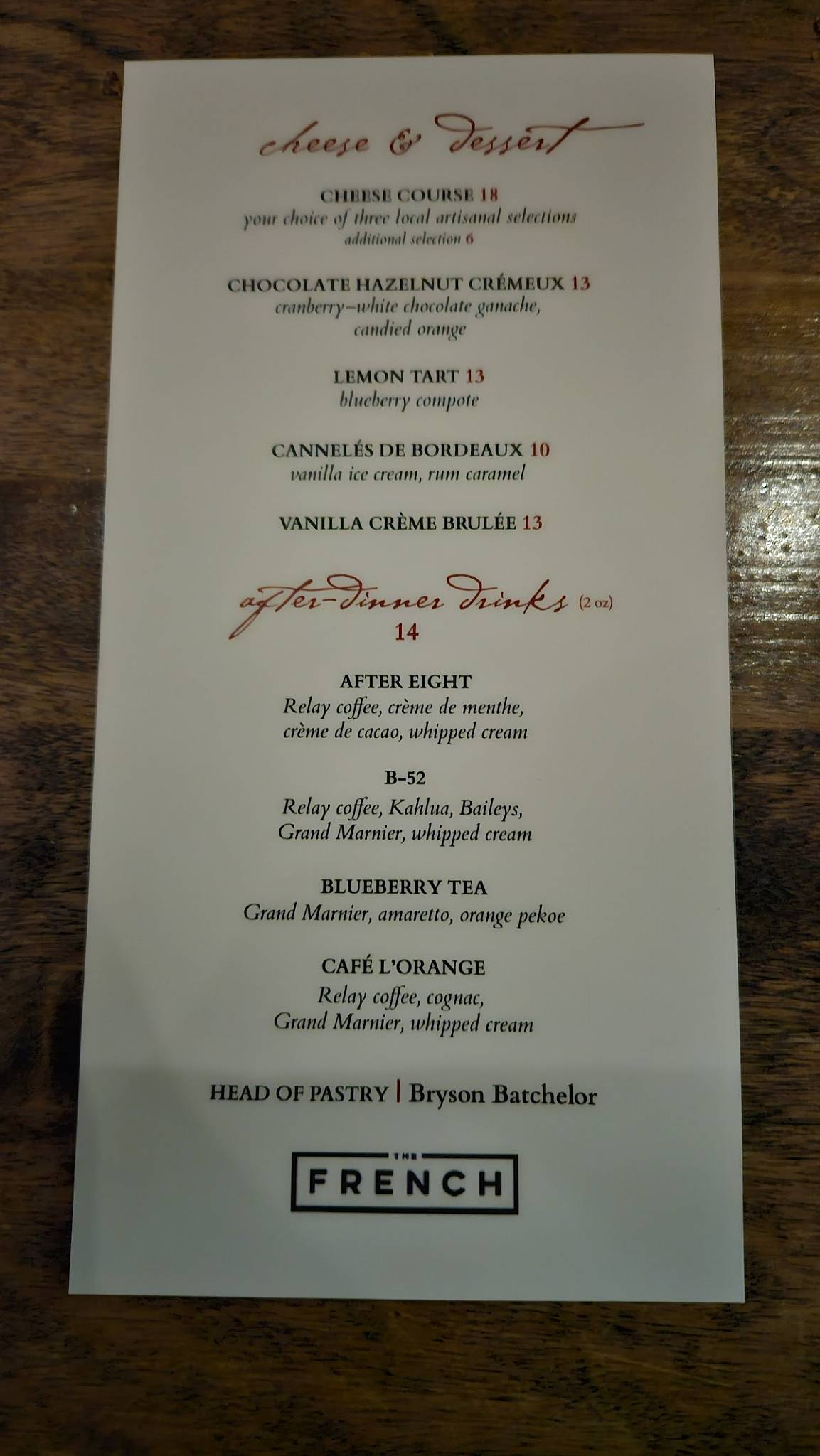 Menu at The French restaurant, Hamilton