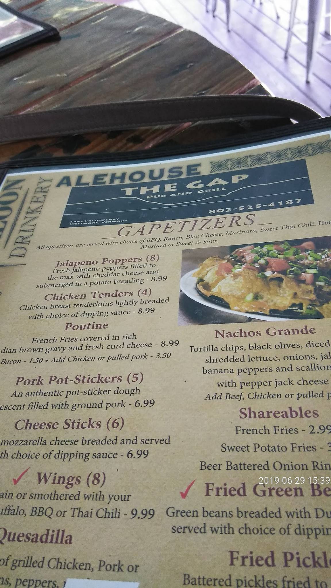 Menu at The Gap Pub & Grill, Westmore