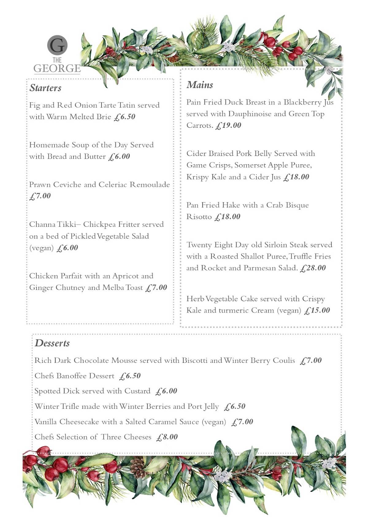 Menu at The George Hotel restaurant, Castle Cary
