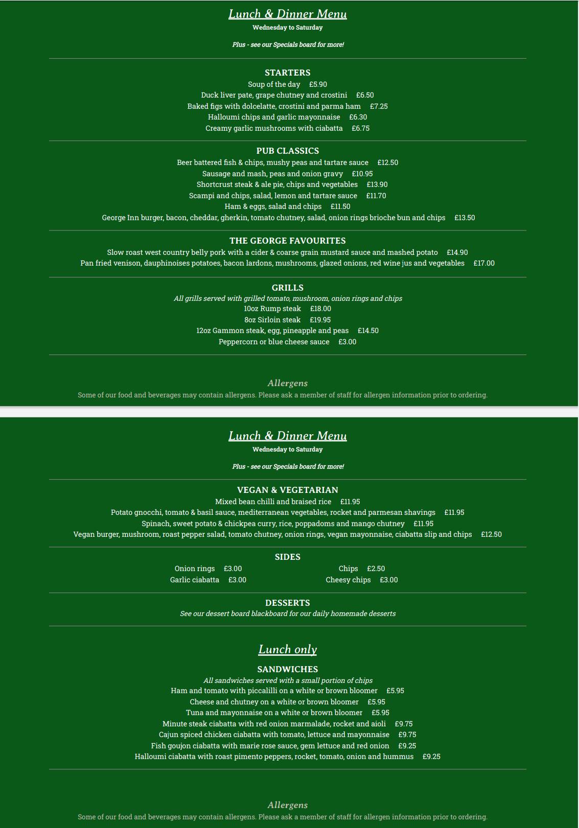Menu at The George at Donyatt pub & bar, Ilminster