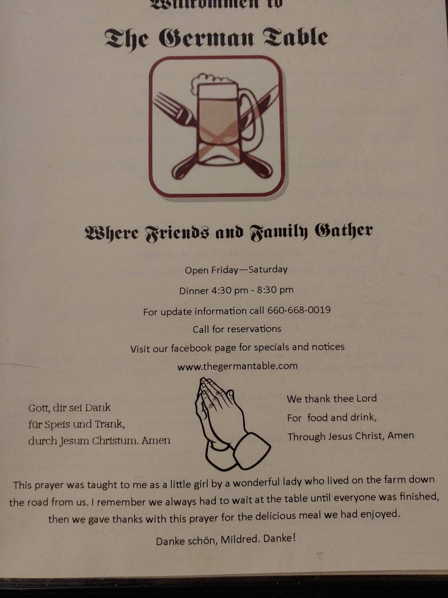 Menu at The German Table restaurant, Cole Camp