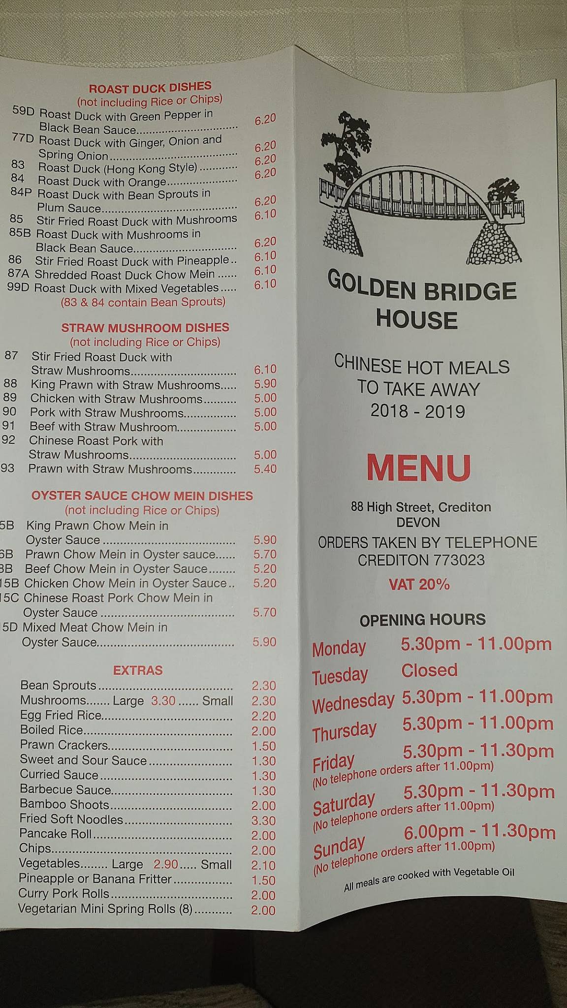 Menu at The Golden Bridge House fast food, Crediton