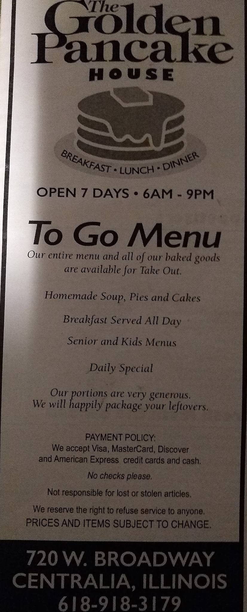 Menu at The Golden Pancake House restaurant, Centralia