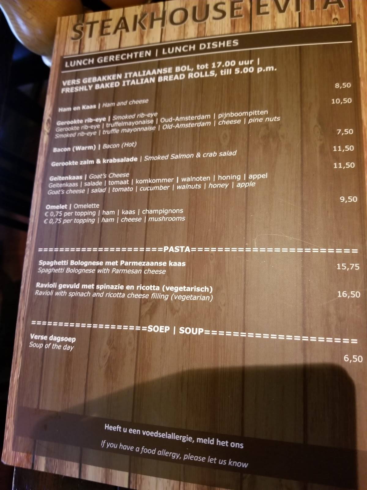 Menu at The Grasshopper, Amsterdam