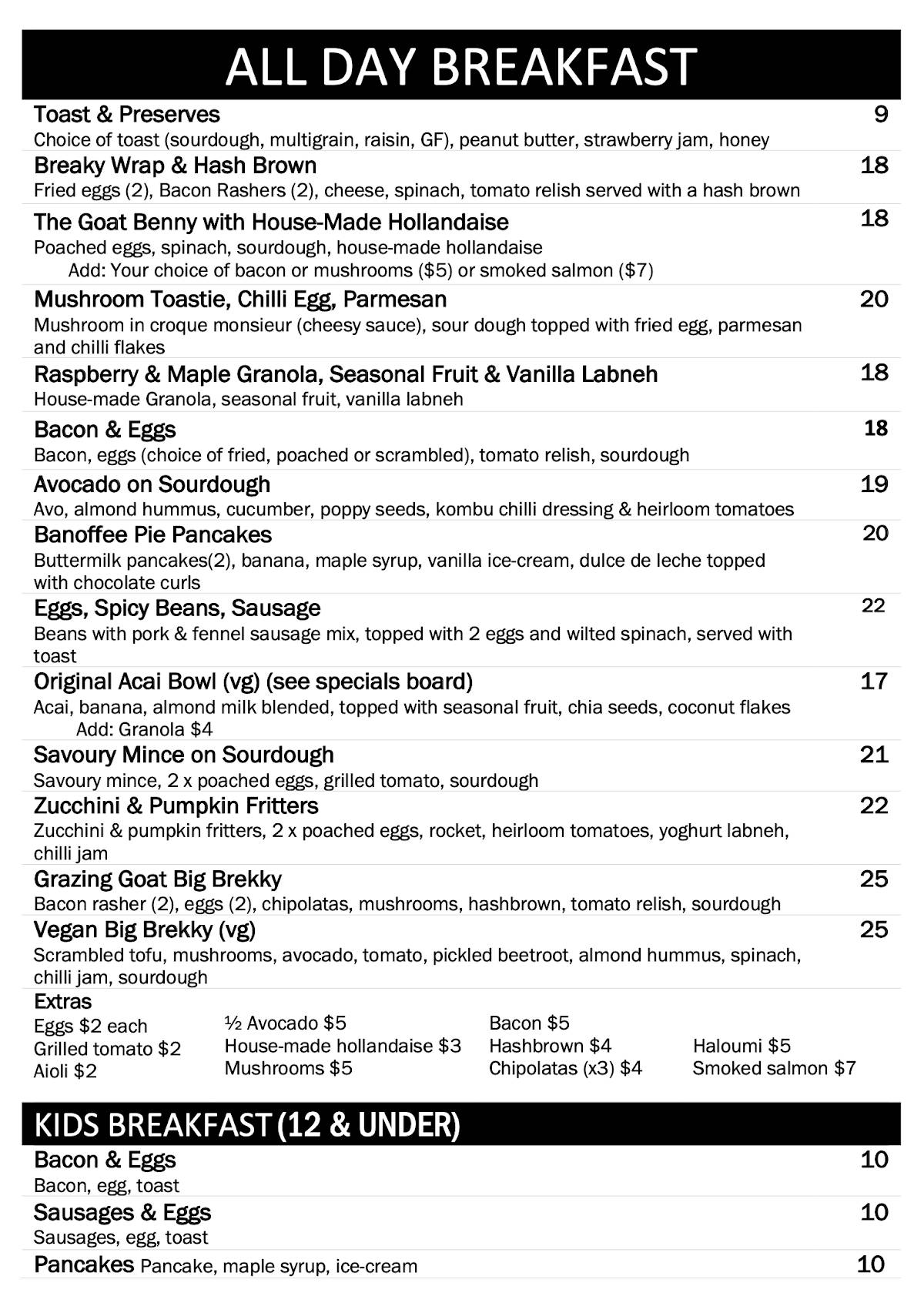 Menu at The Grazing Goat Cafe, Mackay