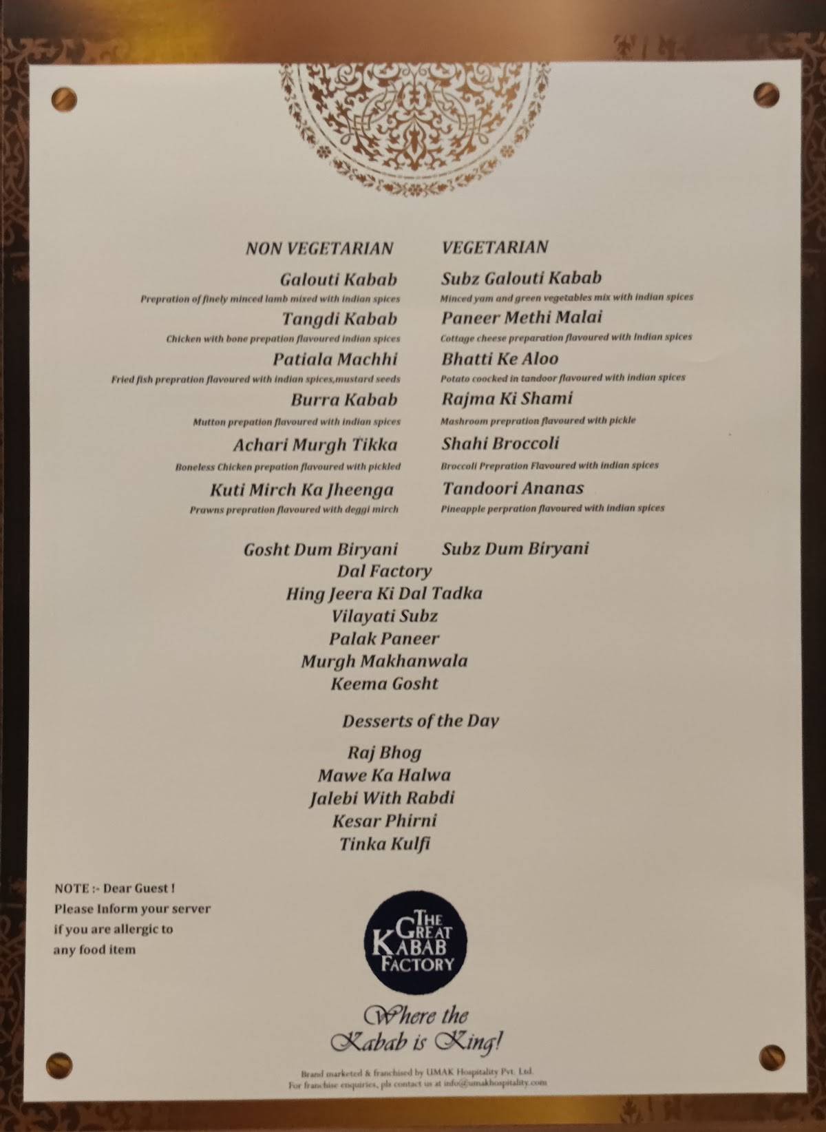 Menu at The Great Kabab Factory (Radisson Blu Kaushambi), Ghaziabad