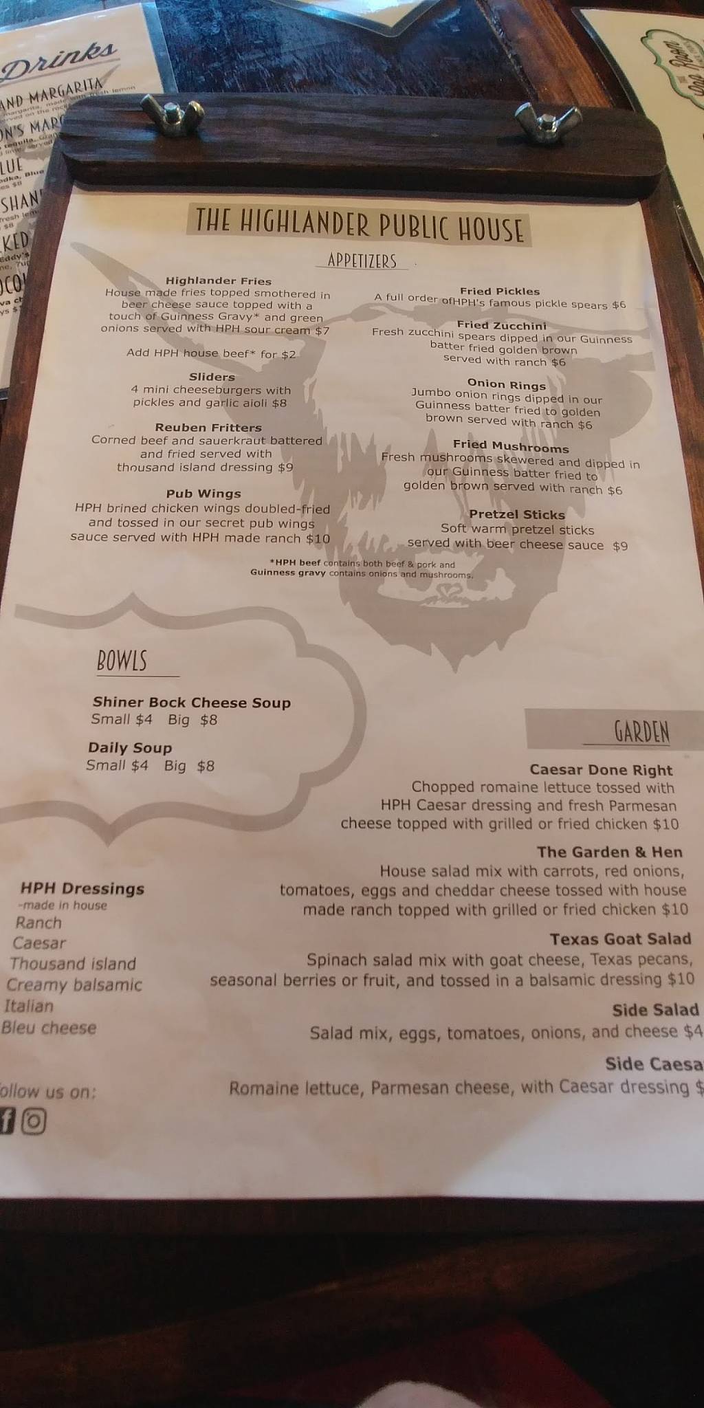 Menu at The Highlander Public House, Wichita Falls