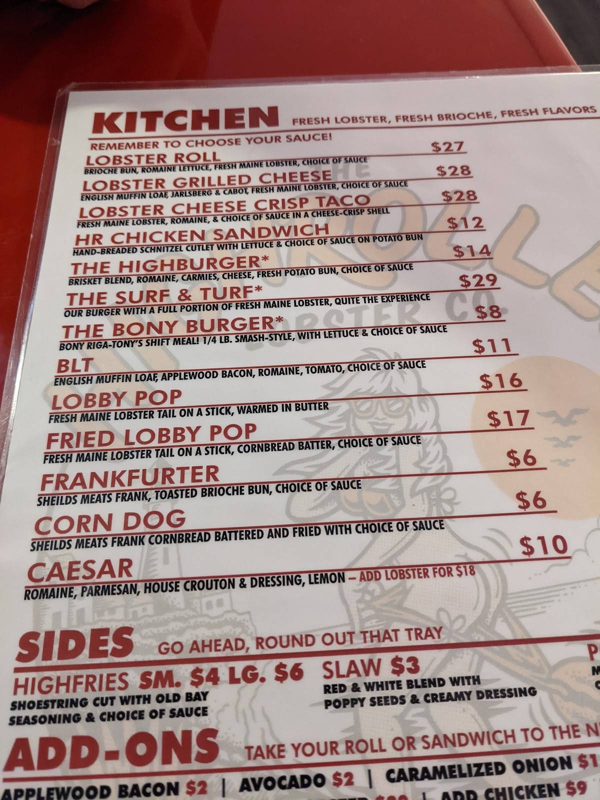 Menu at The Highroller Lobster Co. pub & bar, Portland