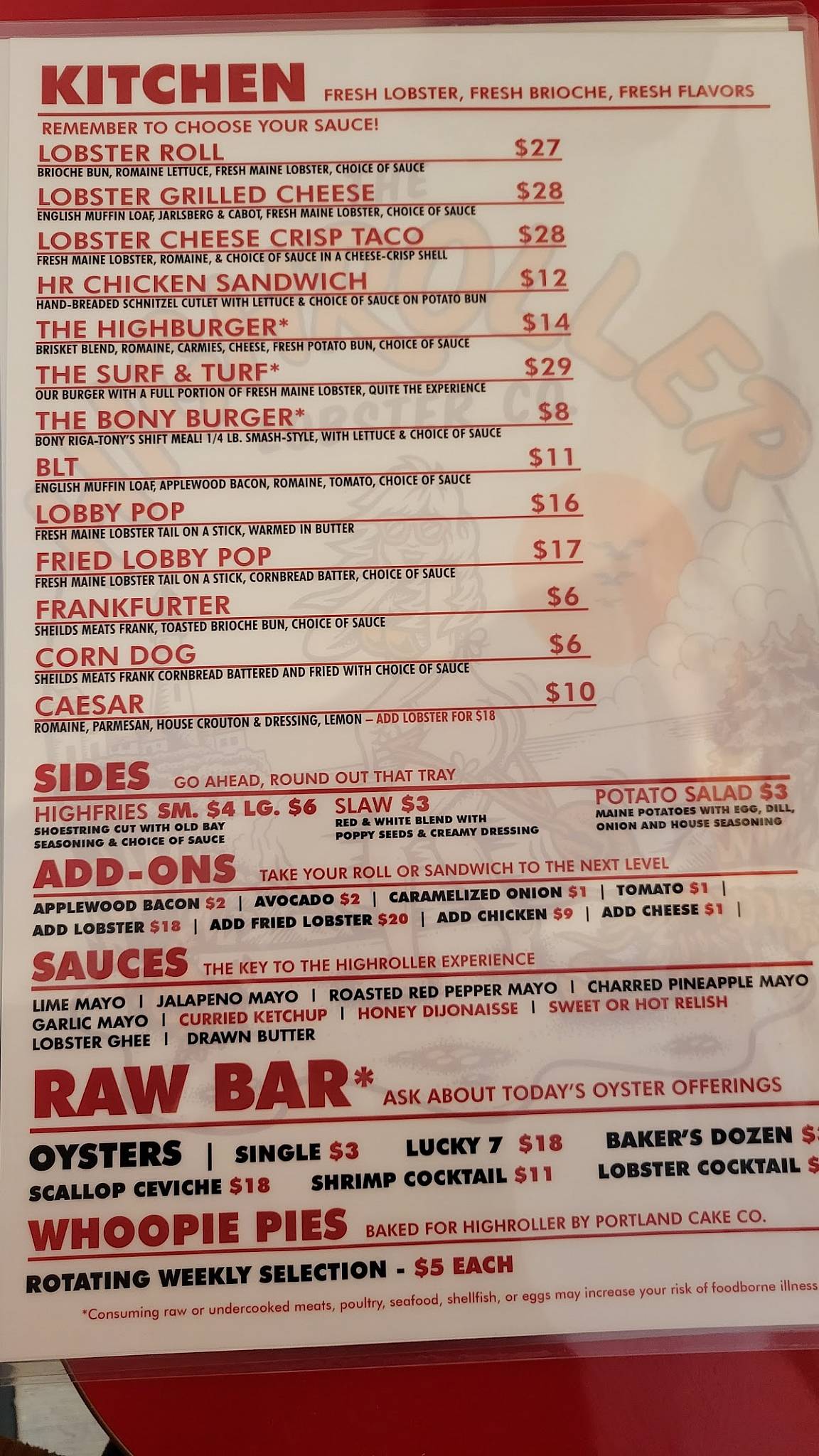 Menu at The Highroller Lobster Co. pub & bar, Portland