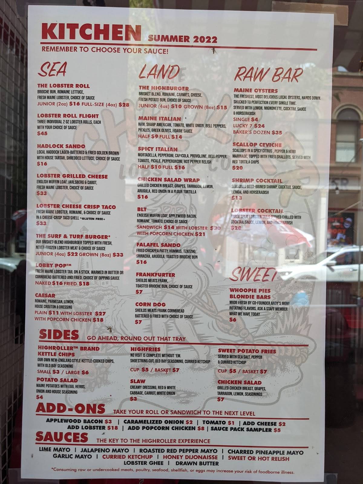 Menu at The Highroller Lobster Co. pub & bar, Portland