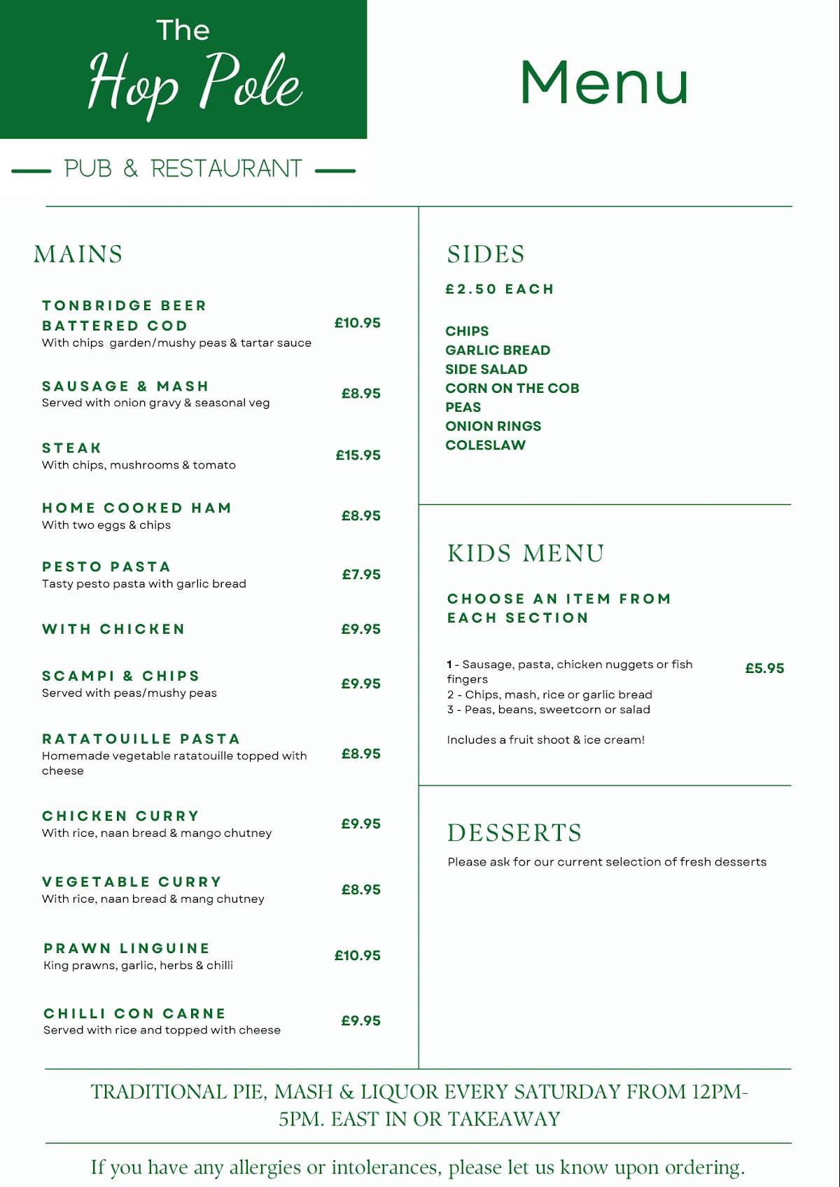 Menu at The Hop Pole Inn pub & bar, Nettlestead