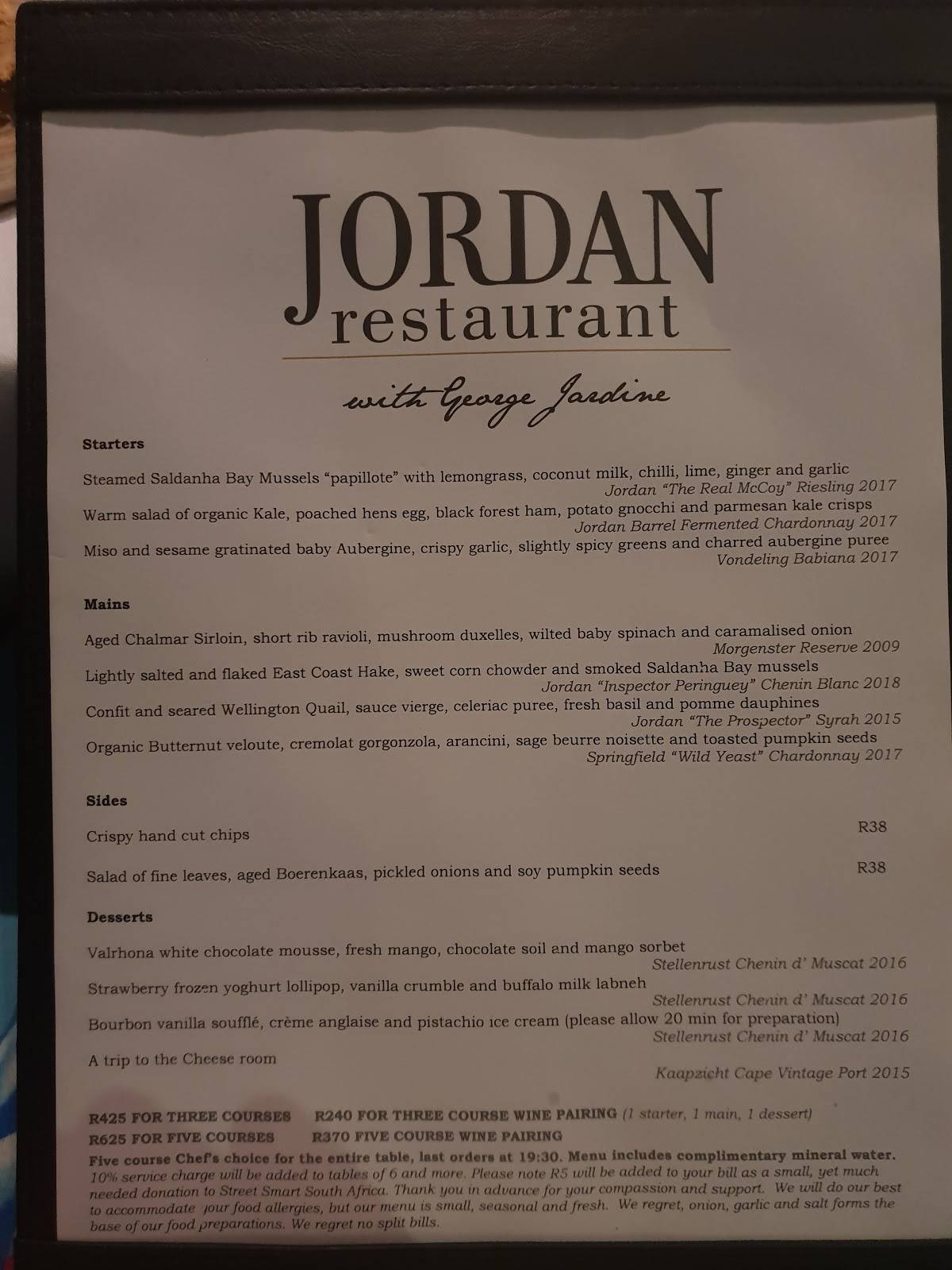 Menu at The Jordan Restaurant with Marthinus Ferreira, Stellenbosch