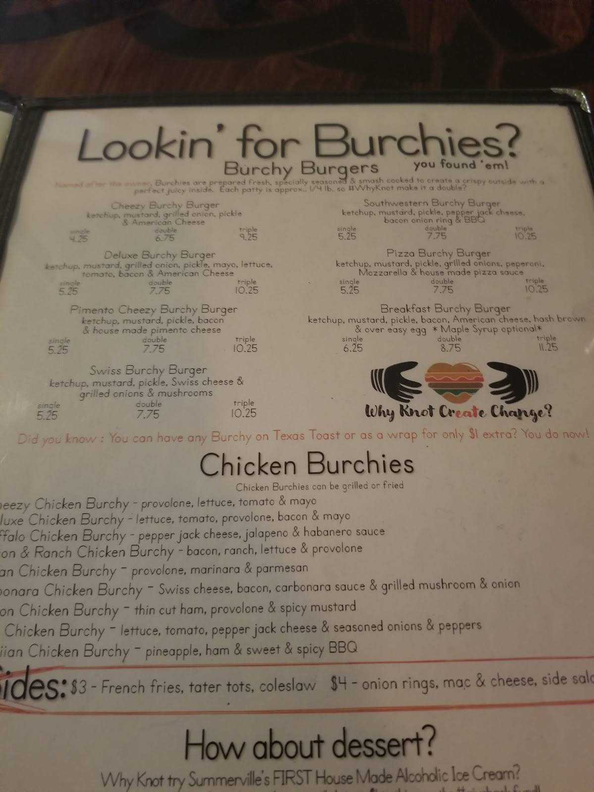 Menu at The Knot Burger Pub, Summerville, 208 E 5th N St