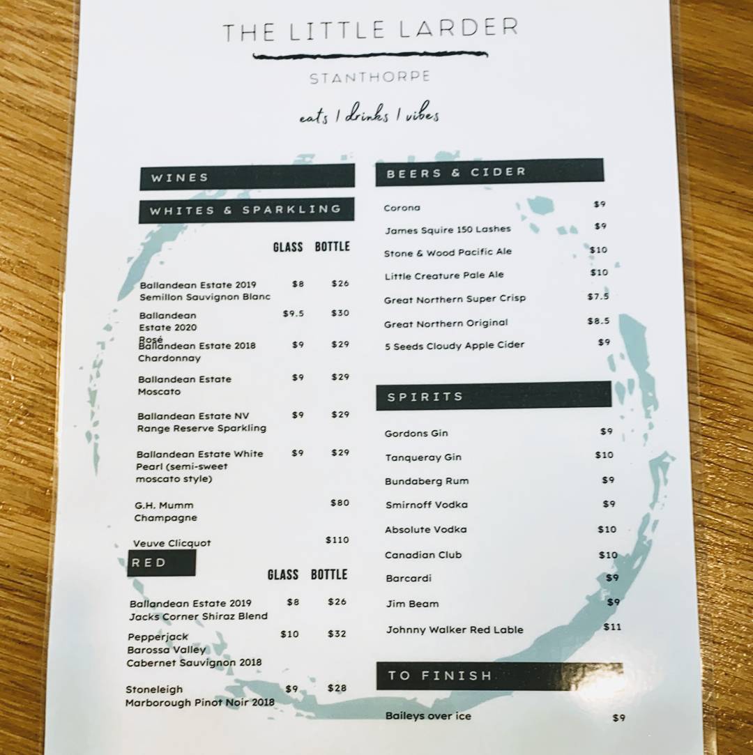 Menu at The Little Larder cafe, Stanthorpe