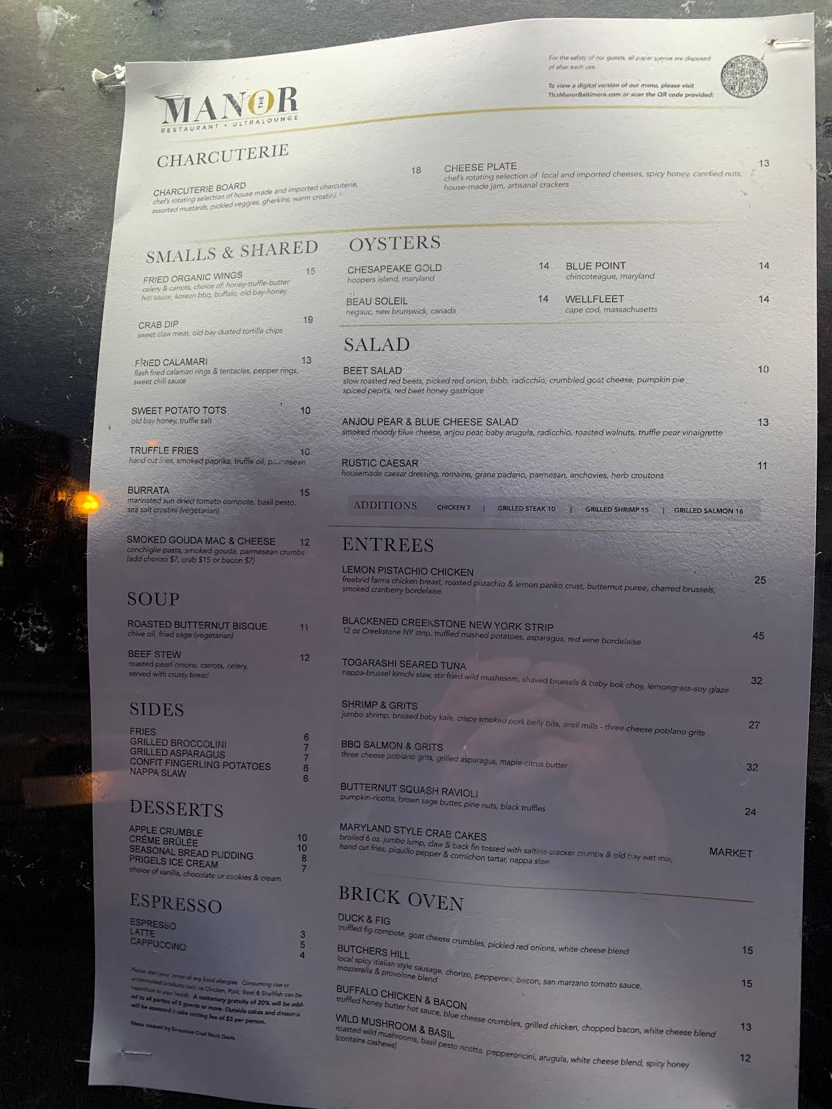 Menu at The Manor restaurant, Baltimore