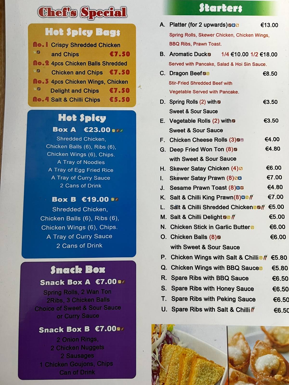 Menu at The Mayflower Chinese and Thai takeaway restaurant, Ireland