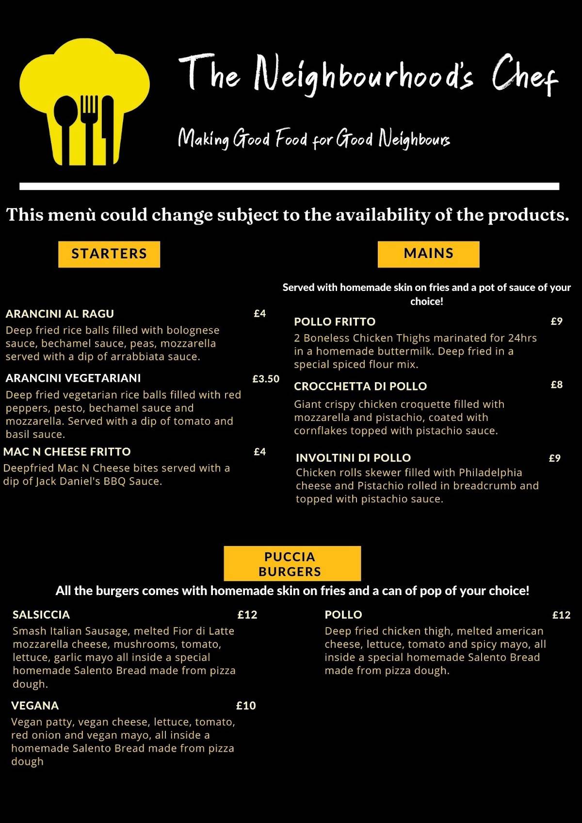 Menu at The Neighbourhood Chef restaurant, Sheffield