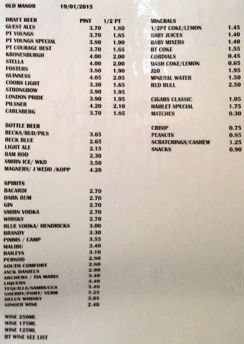 Menu at Old Manor Inn pub & bar, Walton-on-Thames
