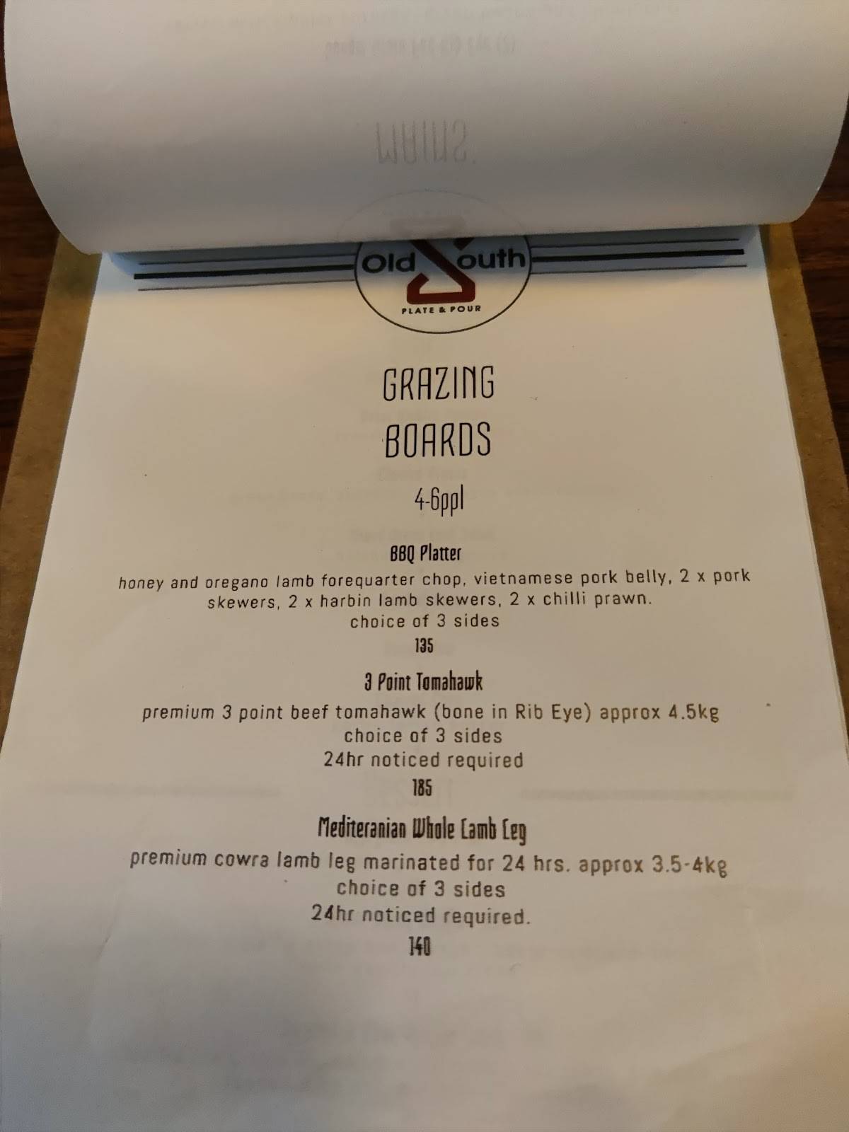 Menu at The Old South restaurant, Thirroul