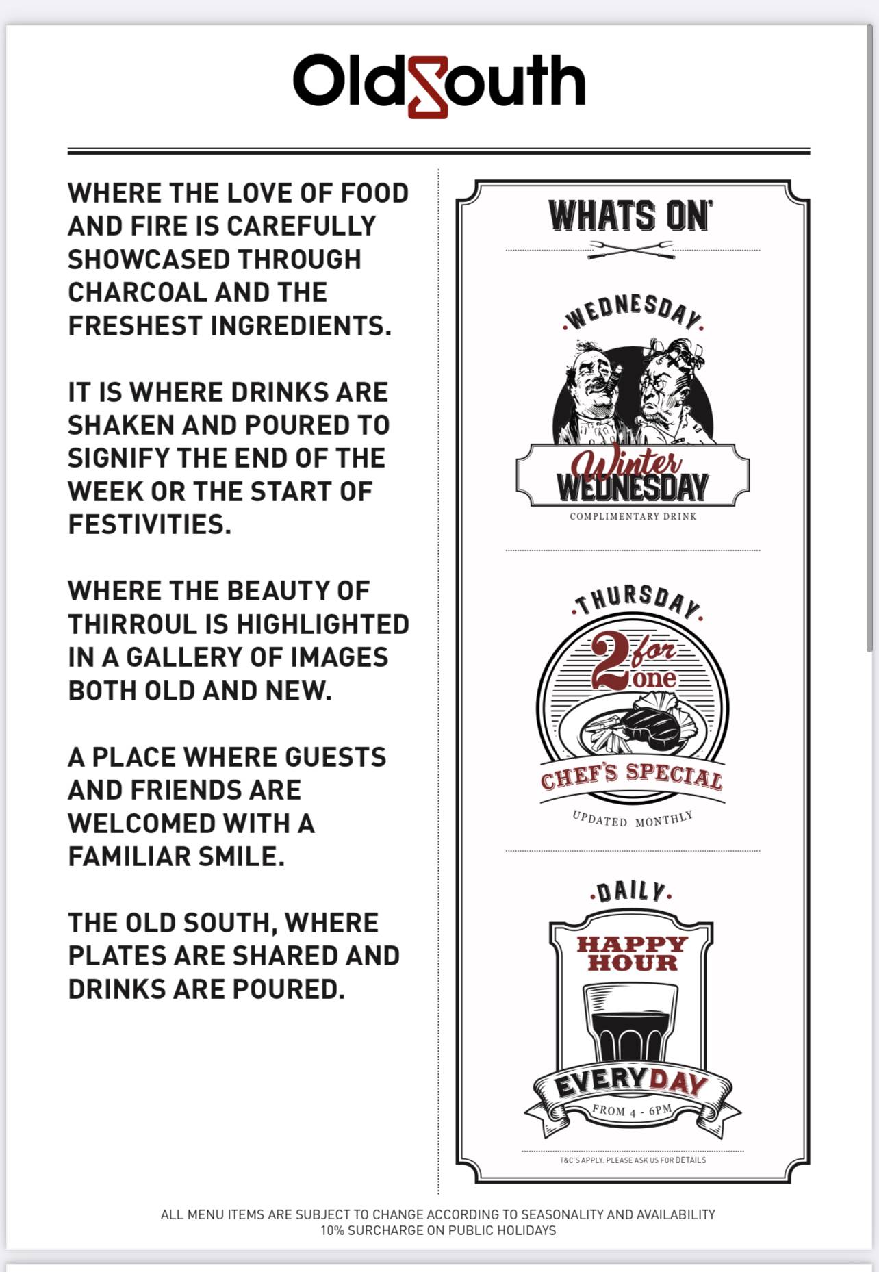 Menu at The Old South restaurant, Thirroul