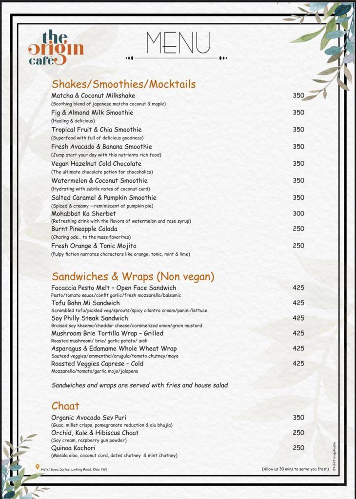 Menu at The Origin Cafe, Mumbai