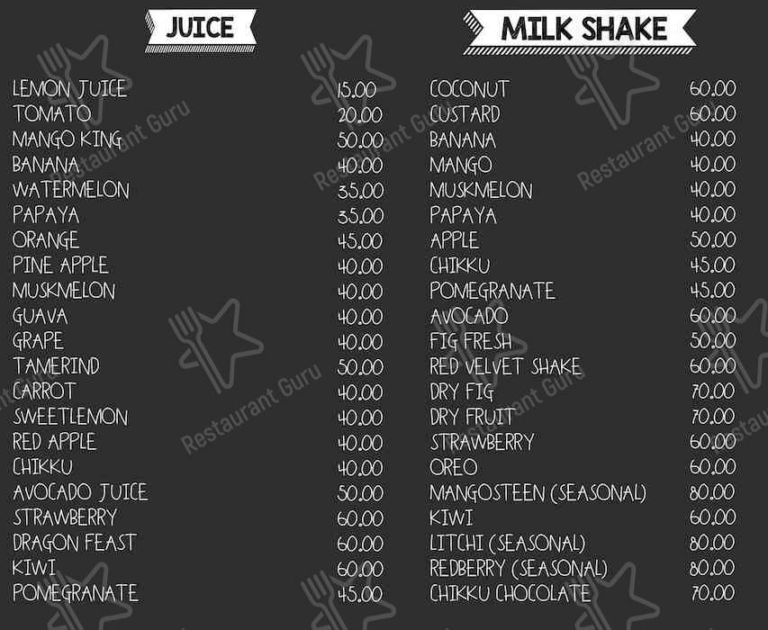 Menu at The Original Juice Factory, Chennai