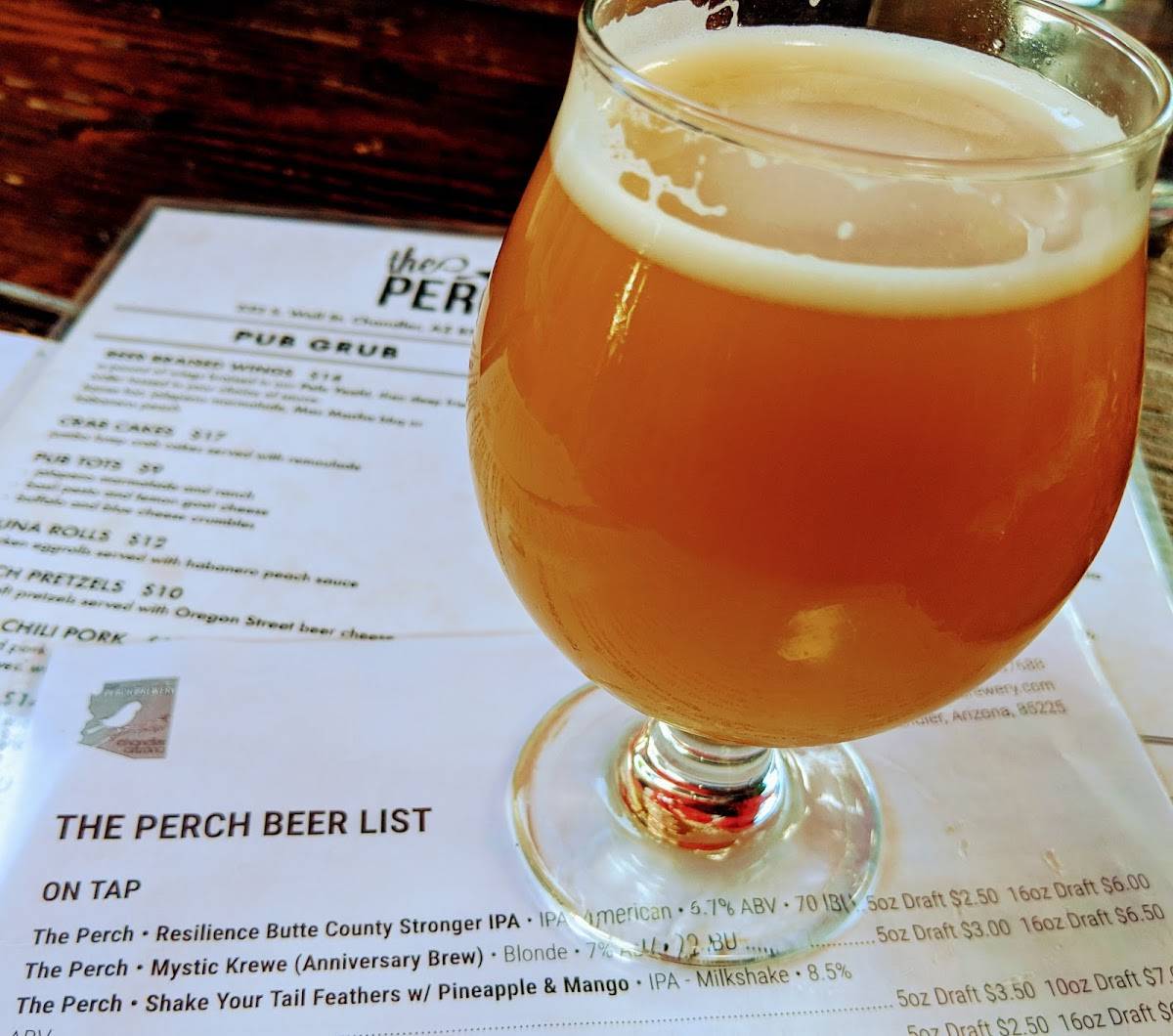 Menu at The Perch Brewery pub & bar, Chandler