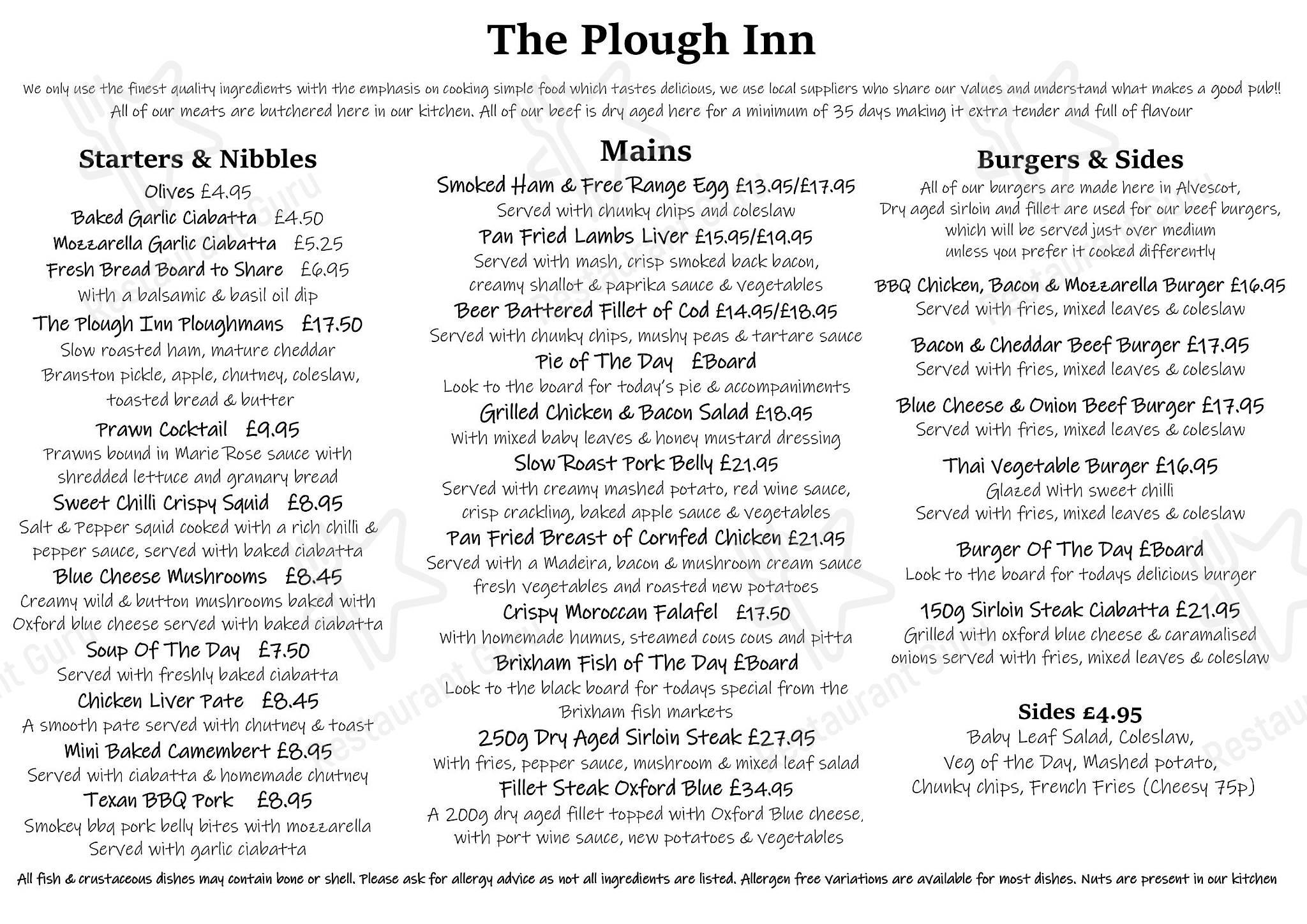 Menu at The Plough Inn Alvescot pub & bar, Clanfield, Main Rd