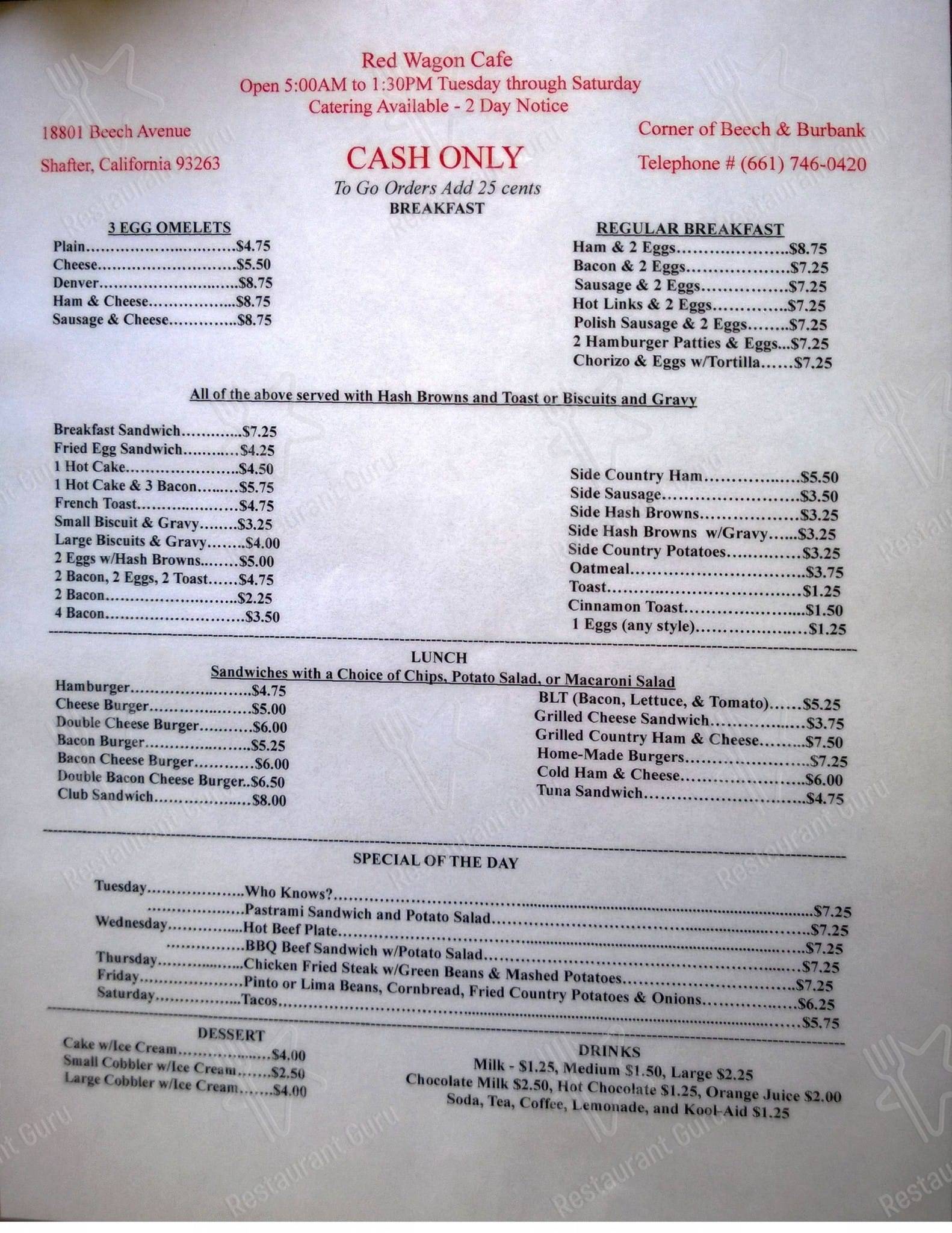 Menu at Red Wagon steakhouse, Shafter