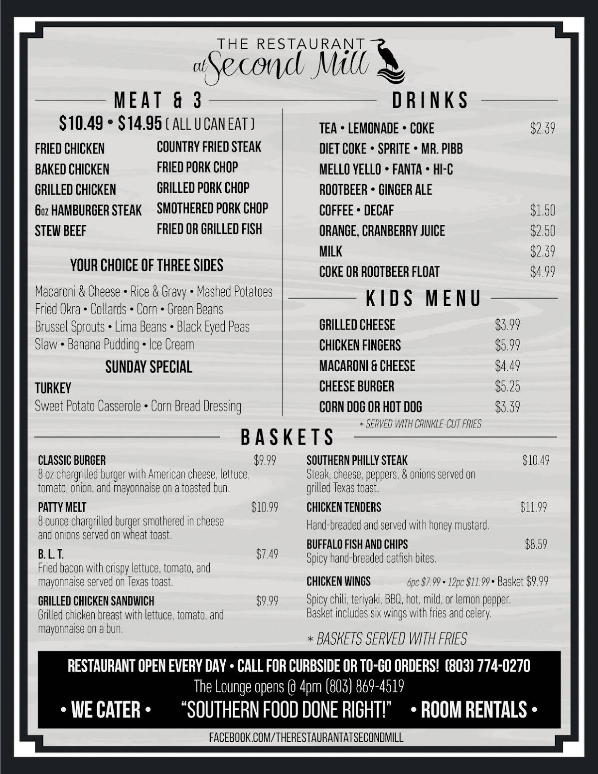 Menu at The Restaurant at Second Mill Bar and Lounge, Sumter