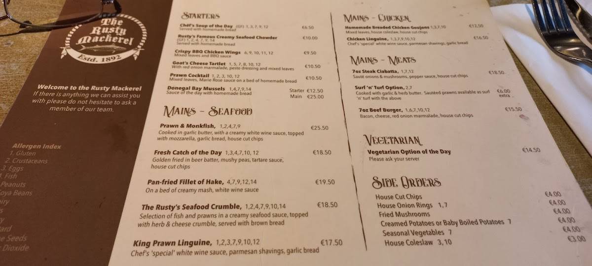 Menu at The Rusty Mackerel pub & bar, Teelin
