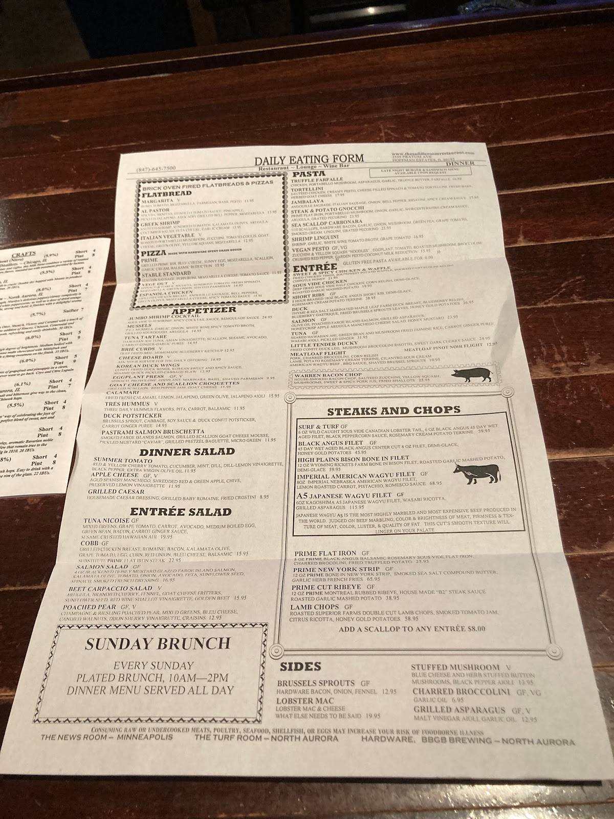 Menu at The Saddle Room pub & bar, Hoffman Estates