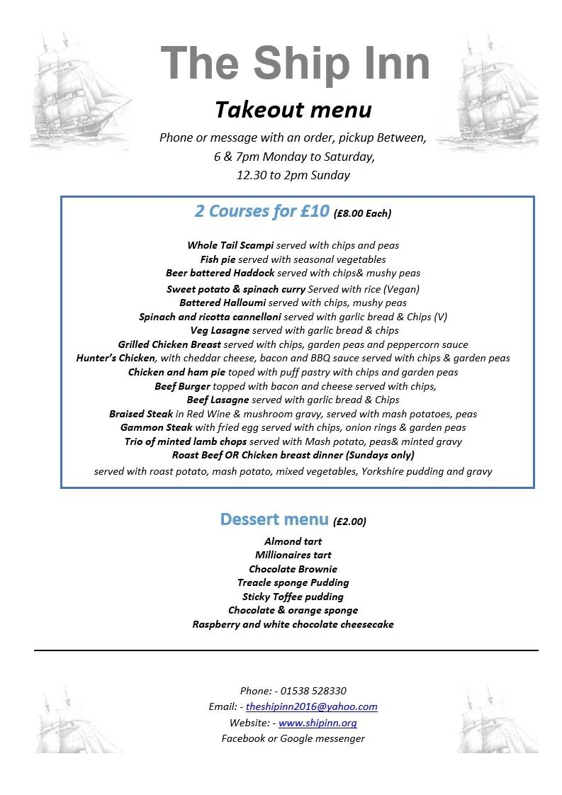 Menu at The Ship Inn pub & bar, Tean, Cheadle Rd