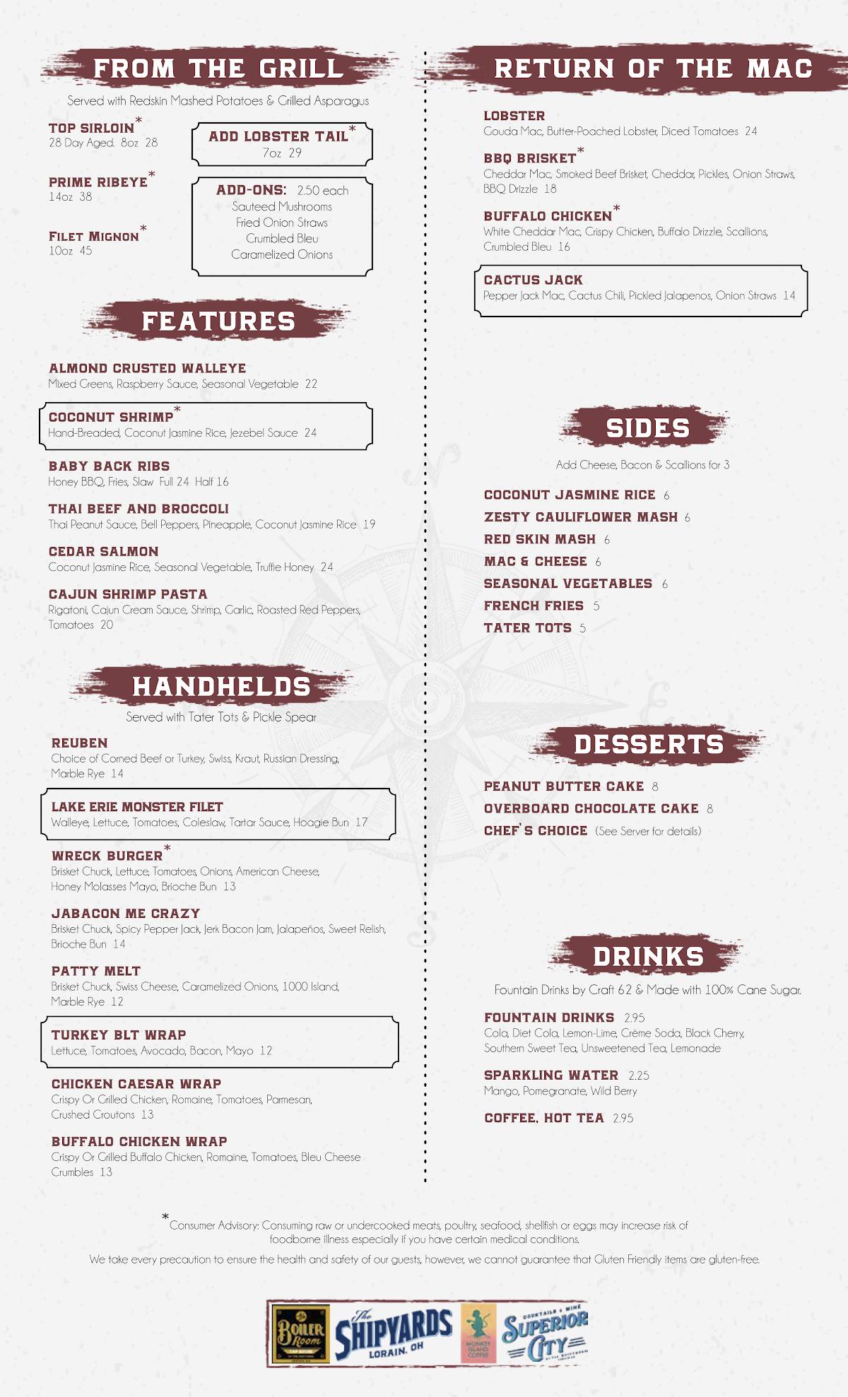 Menu at The Shipyards restaurant, Lorain